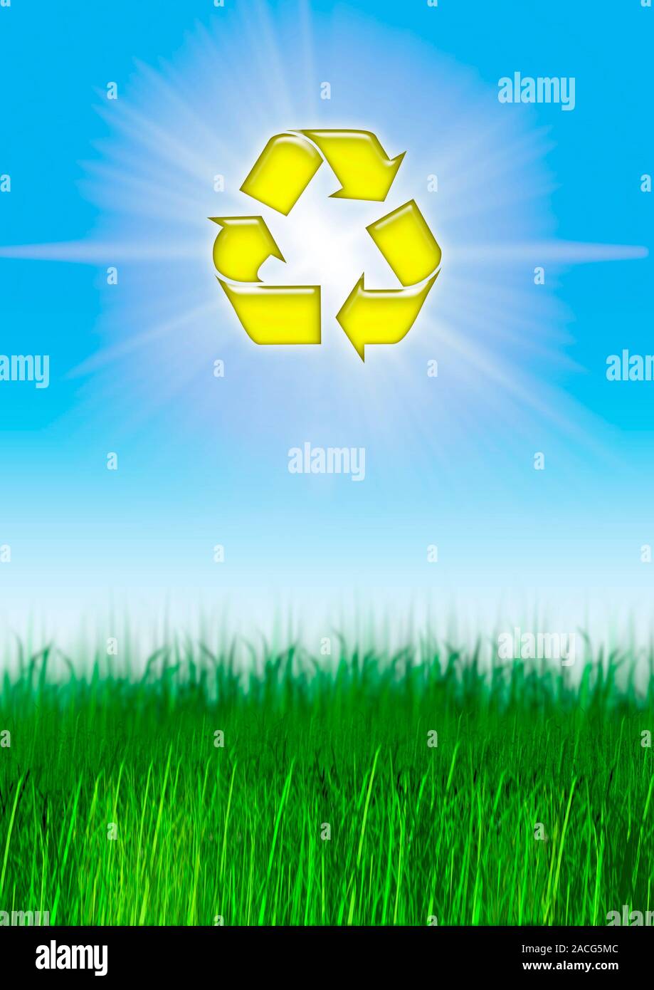 Environmental recycling, conceptual image. Computer artwork of a grassy ...