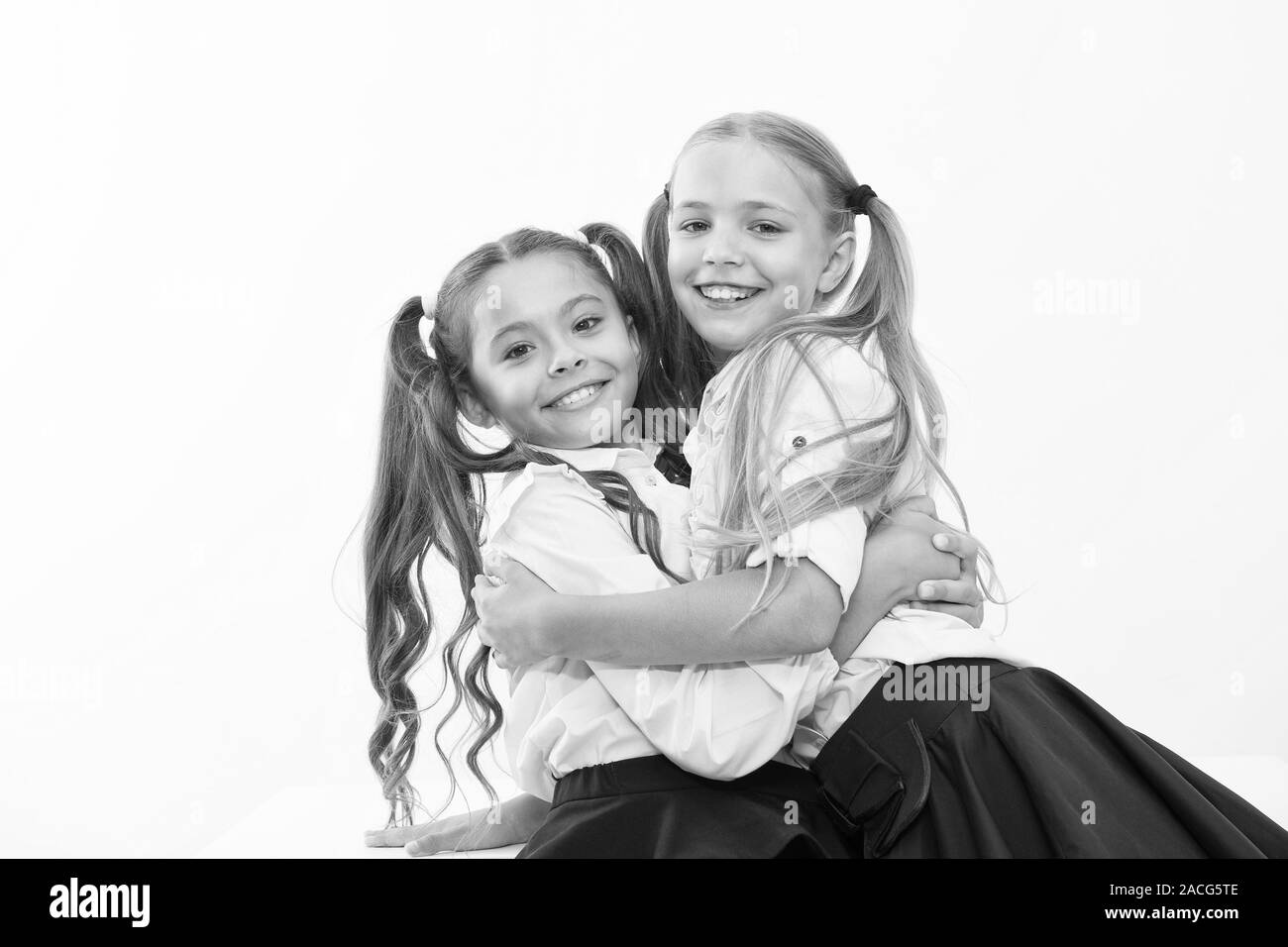 Sincere kids. Kids schoolgirls happy together. True friendship. Girls ...