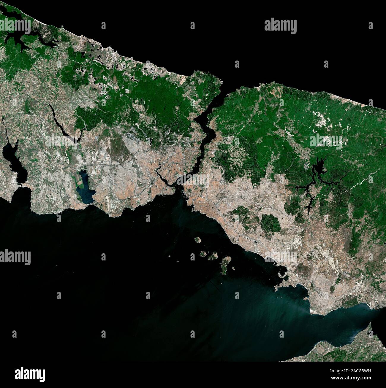 The Bosphorus straight and Istanbul, Turkey, satellite image. North is ...
