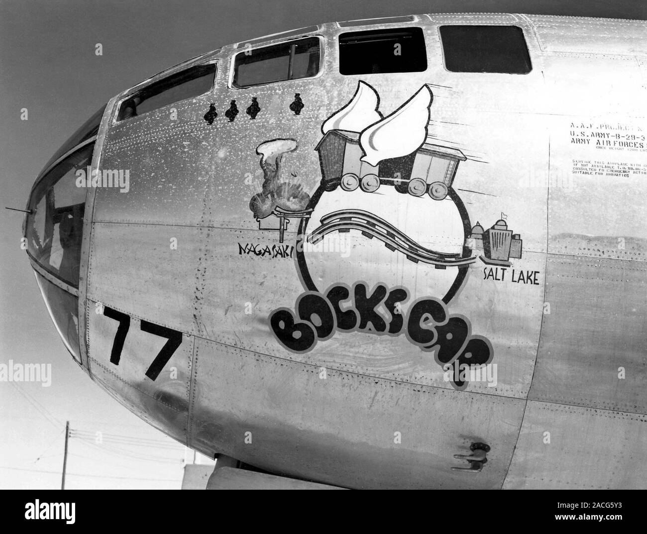 Bockscar Boeing B-29 aircraft. This is the nosecone and cockpit of ...