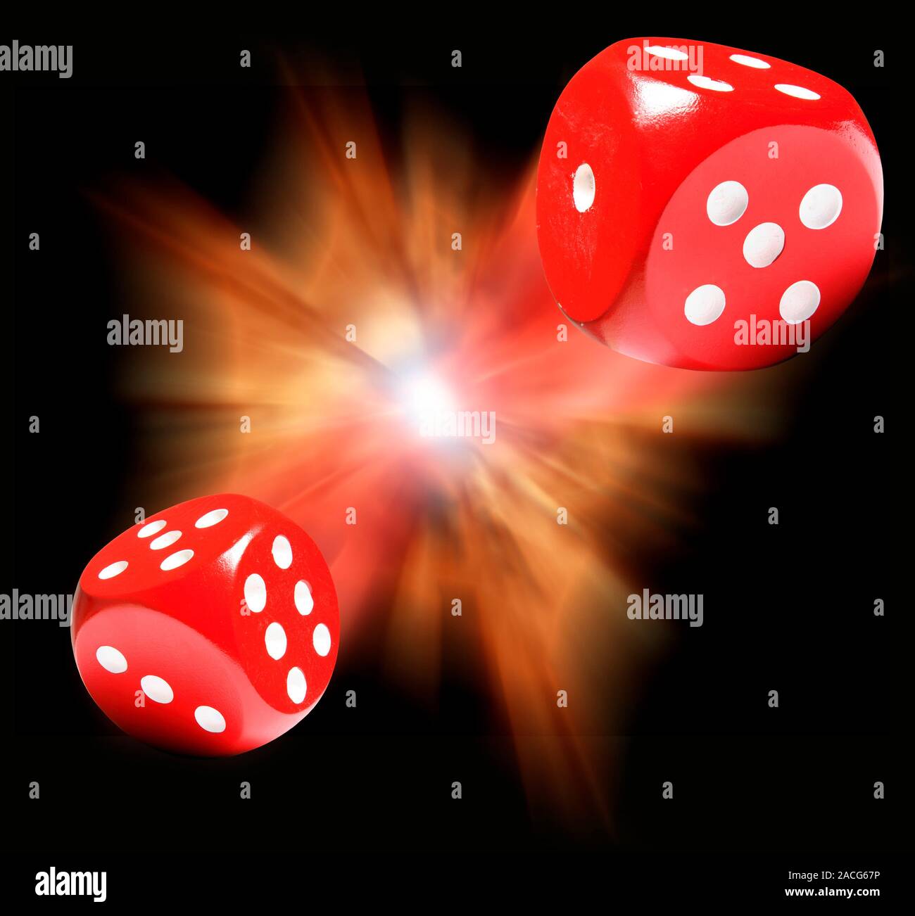Big Bang probability, conceptual image. Computer artwork of two dice ...
