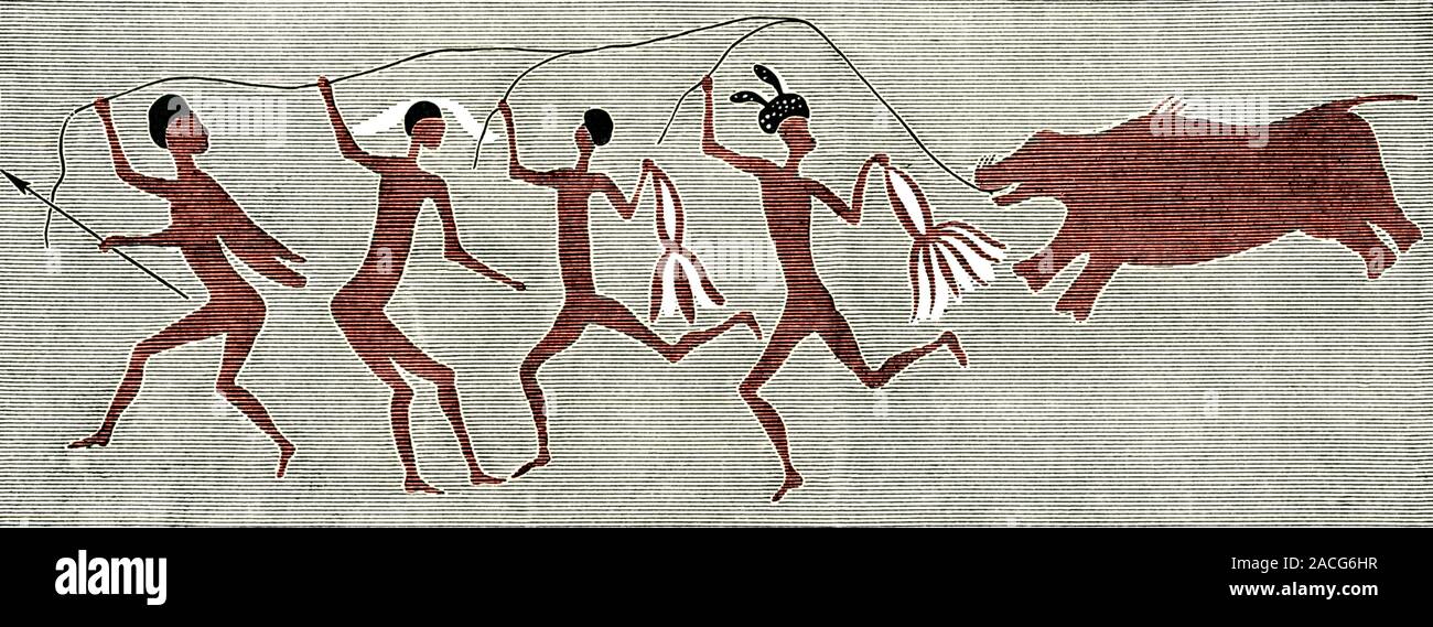 San bushmen rain dance. Artwork of rock art showing San bushmen in ...