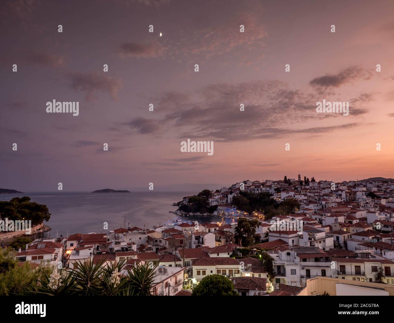 Skiathos Town at sunset, Skiathos, Sporades, Greece Stock Photo - Alamy