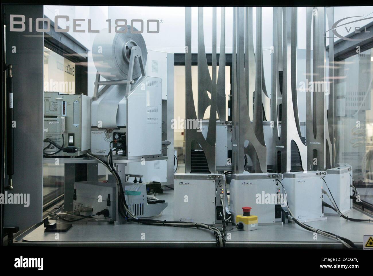 Stem cell treatment research. Robotic high-throughput screening machine ...