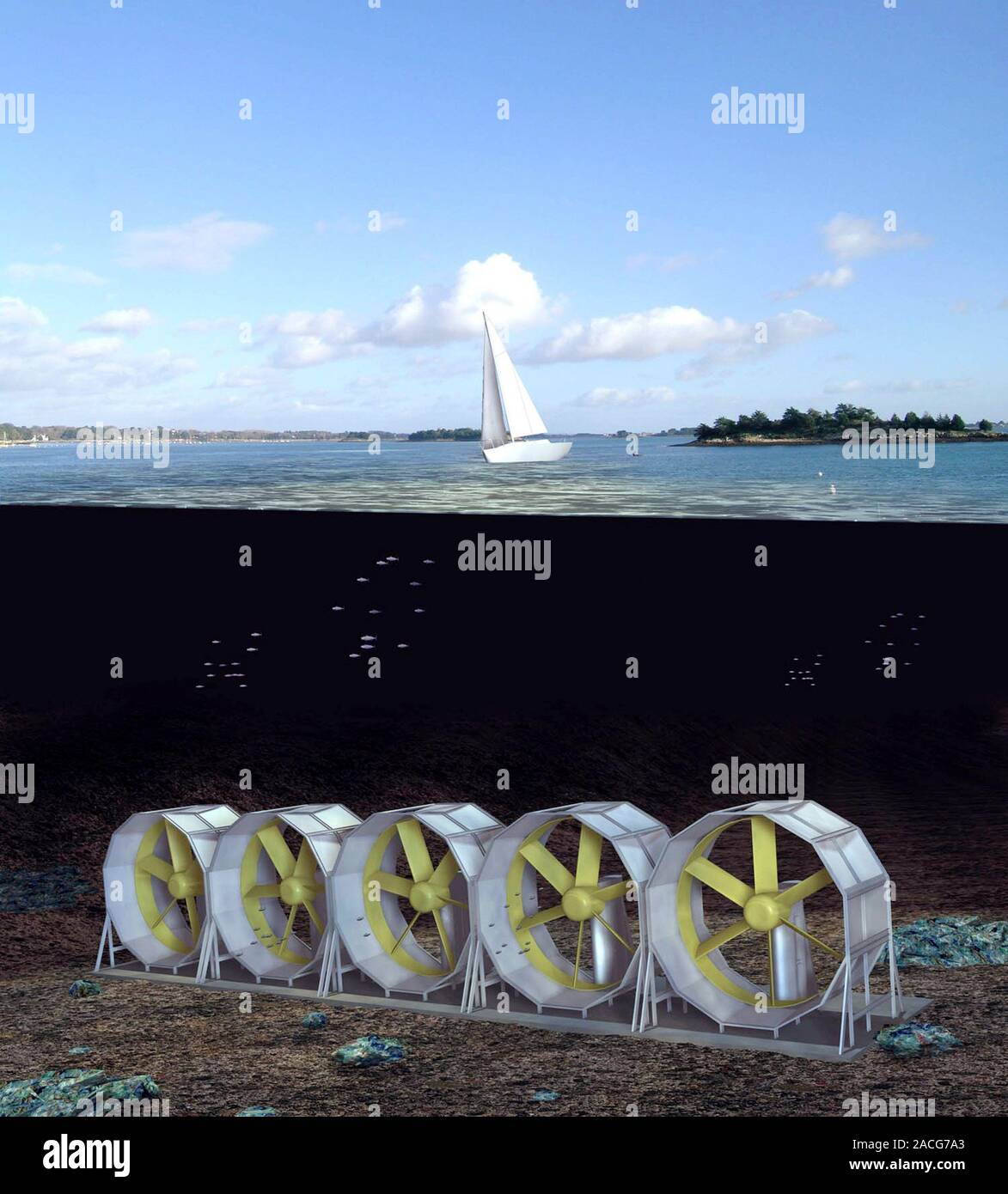 Hydrohelix wave turbines, artwork. Computer model of a machine designed ...