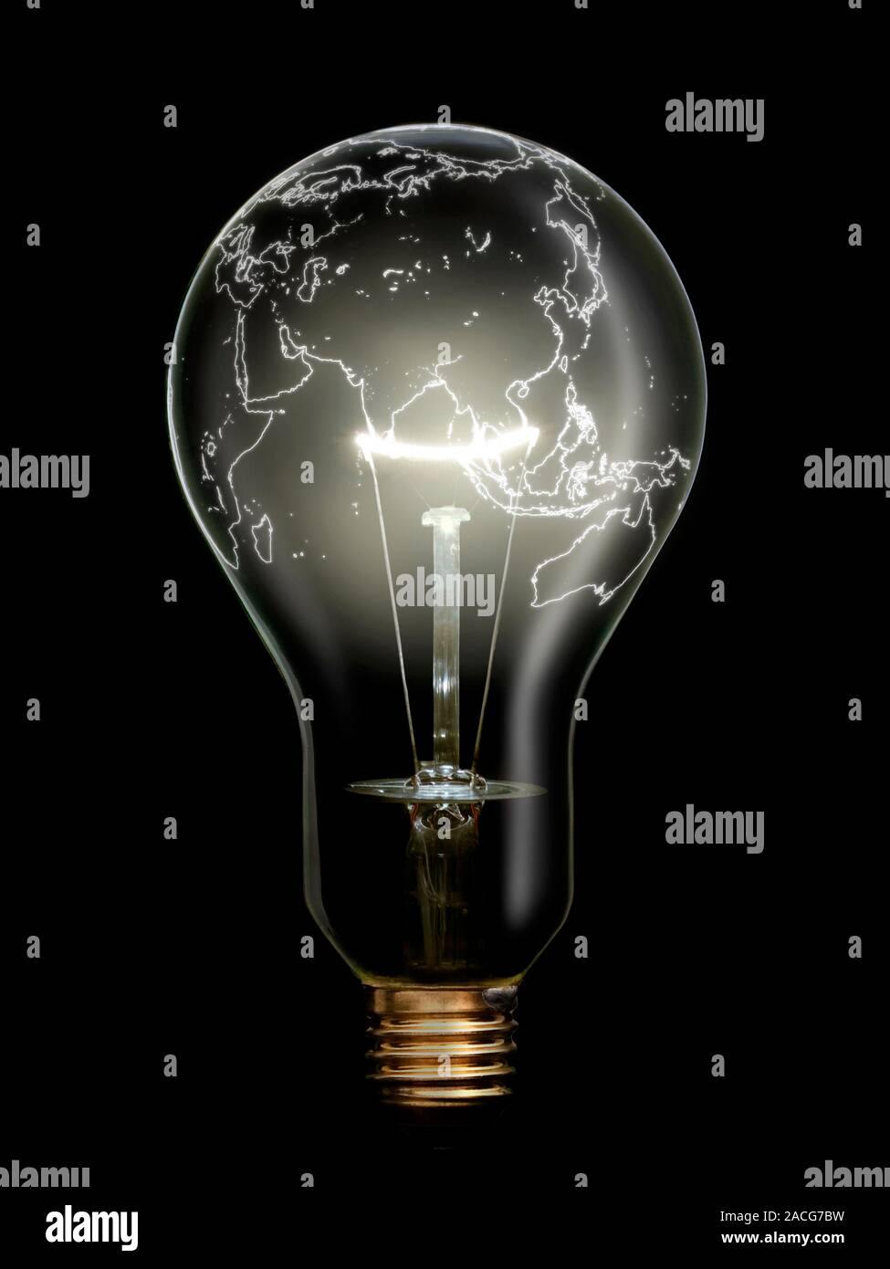 Global electricity supplies, conceptual image. Incandescent light bulb ...
