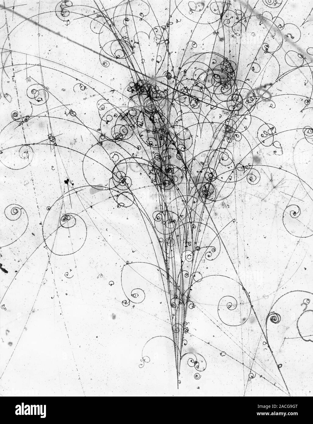 Electromagnetic particle shower. Particle tracks (moving from bottom to ... Electromagnetic particle shower. Particle tracks (moving from bottom to ...