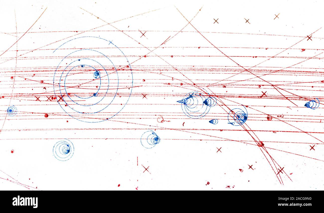 Kaon-proton collisions. Particle tracks showing negative kaons ...