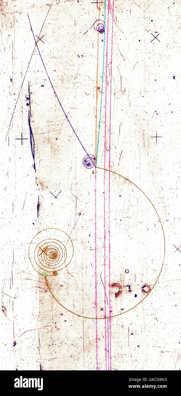 Pion-proton collision. Particle tracks showing positive pions (parallel ...