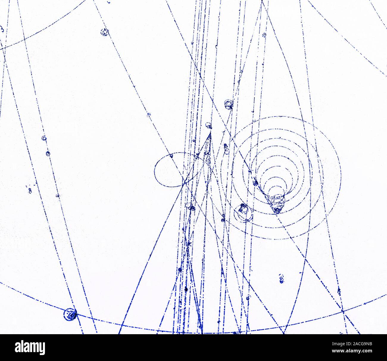 Pion-proton collision. Particle tracks showing positive pions (parallel ...