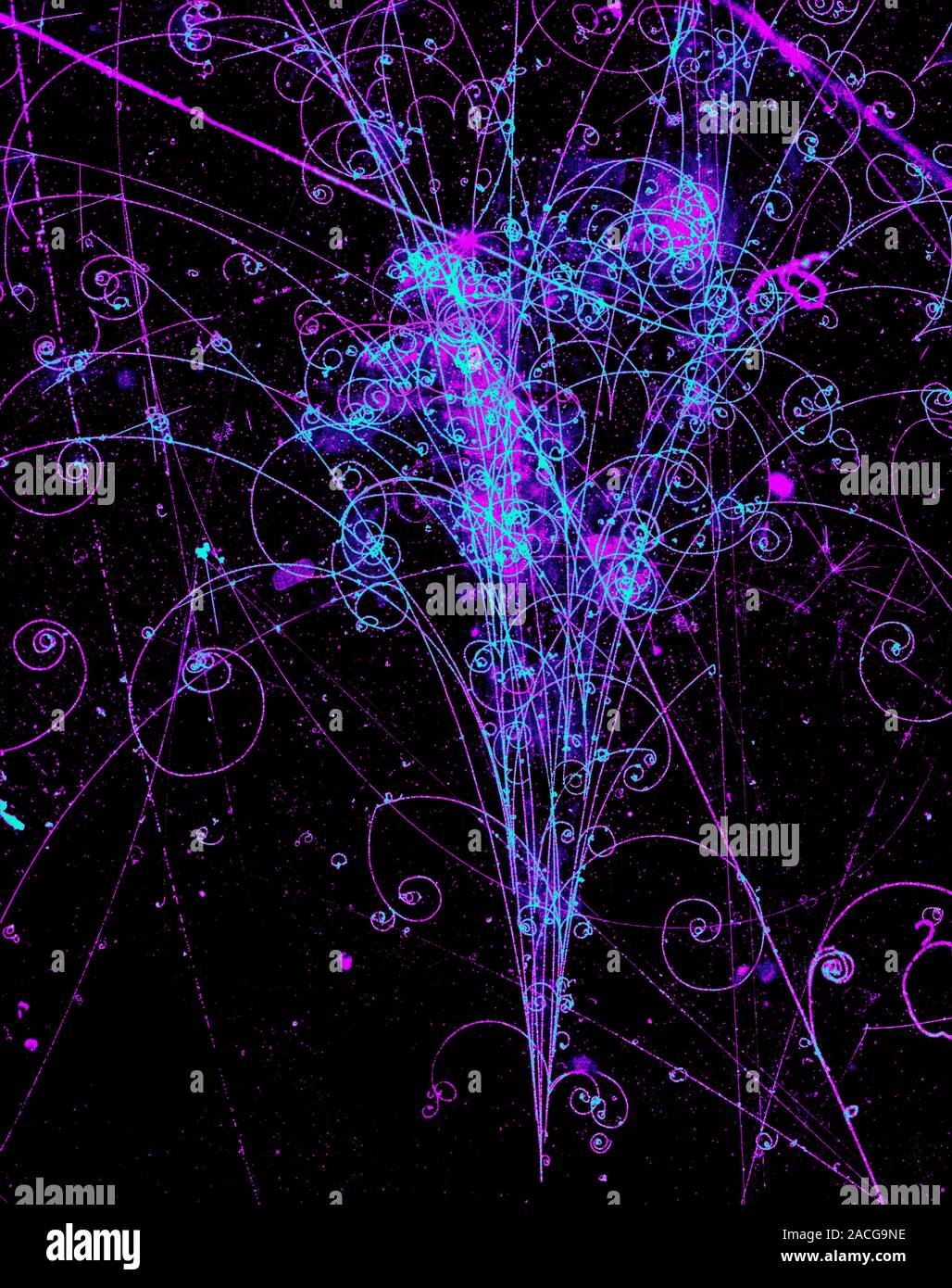 Electromagnetic Particle Shower Particle Tracks Moving From Bottom To