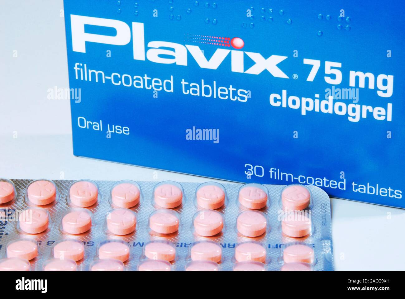 Anti-platelet drug. Box and blister pack containing tablets of the anti ...