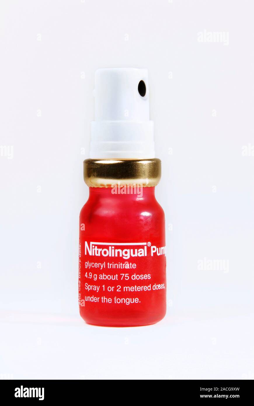 Nitroglycerin heart drug. Spray bottle of the cardiac drug glyceryl ...