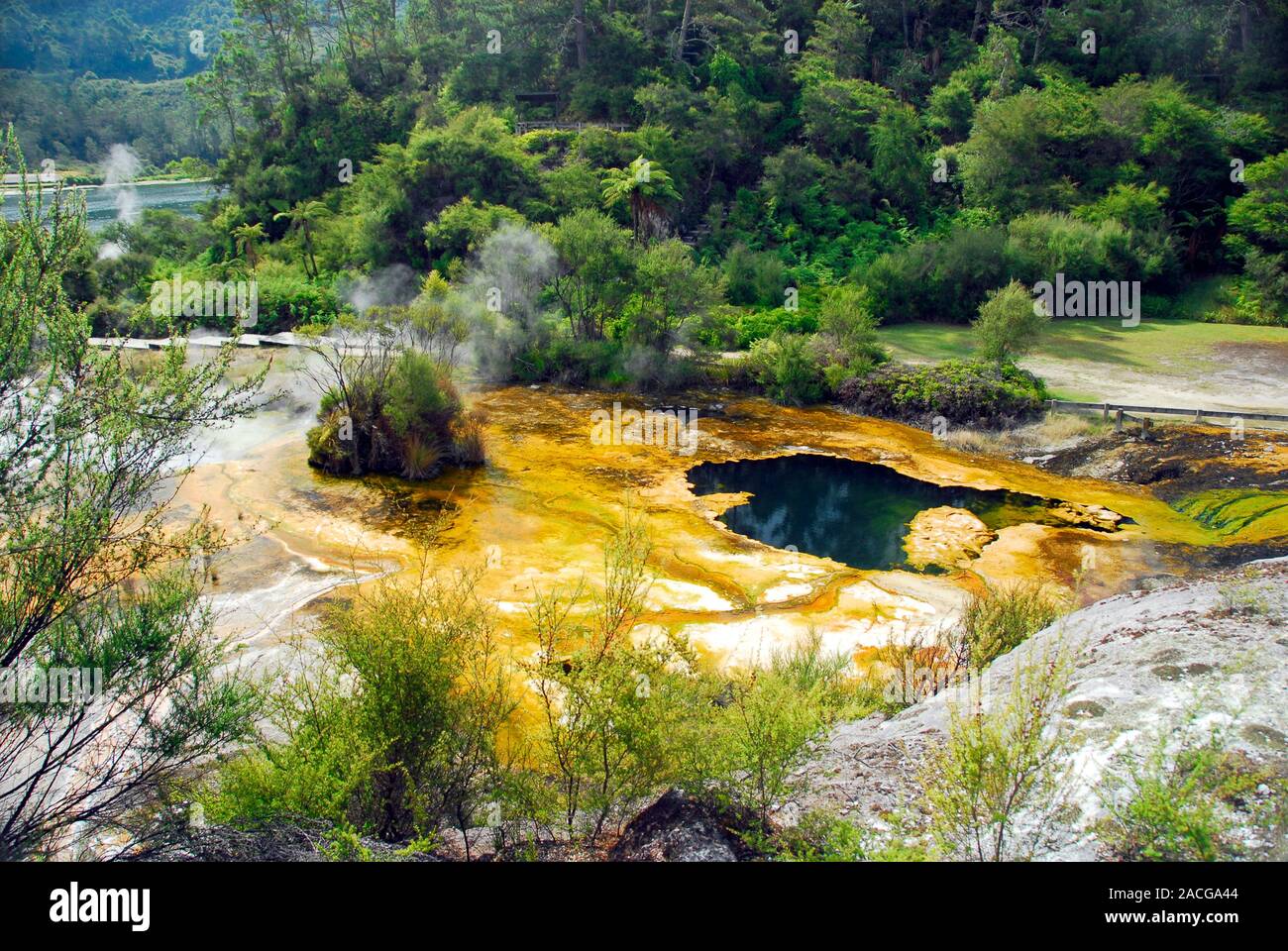Geothermal pool. Geothermal pools form in areas where volcanic activity ...