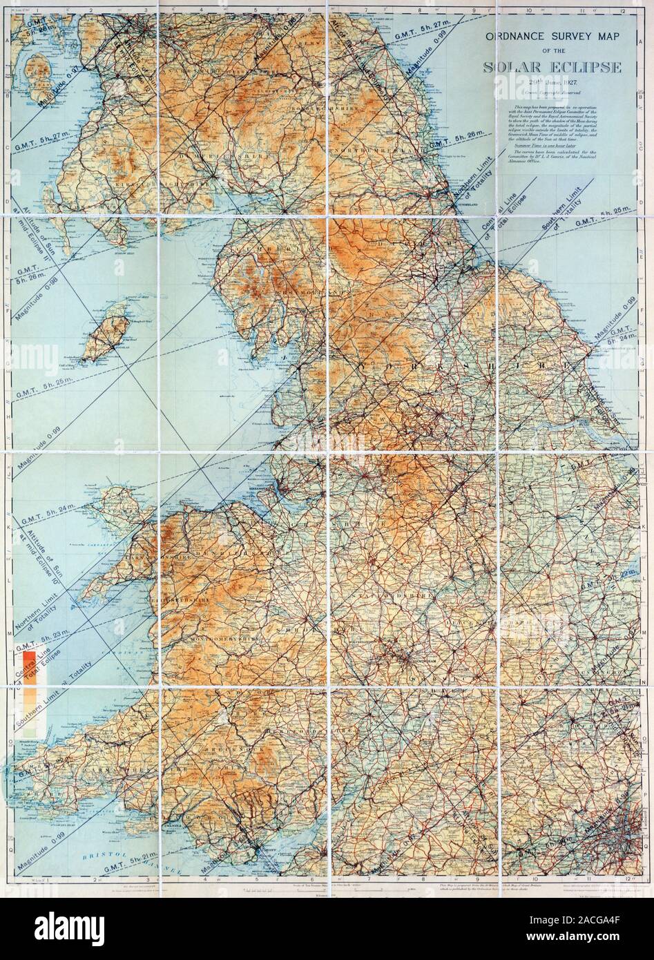 Ordnance survey eclipse map, 1927. This map shows the times and ...
