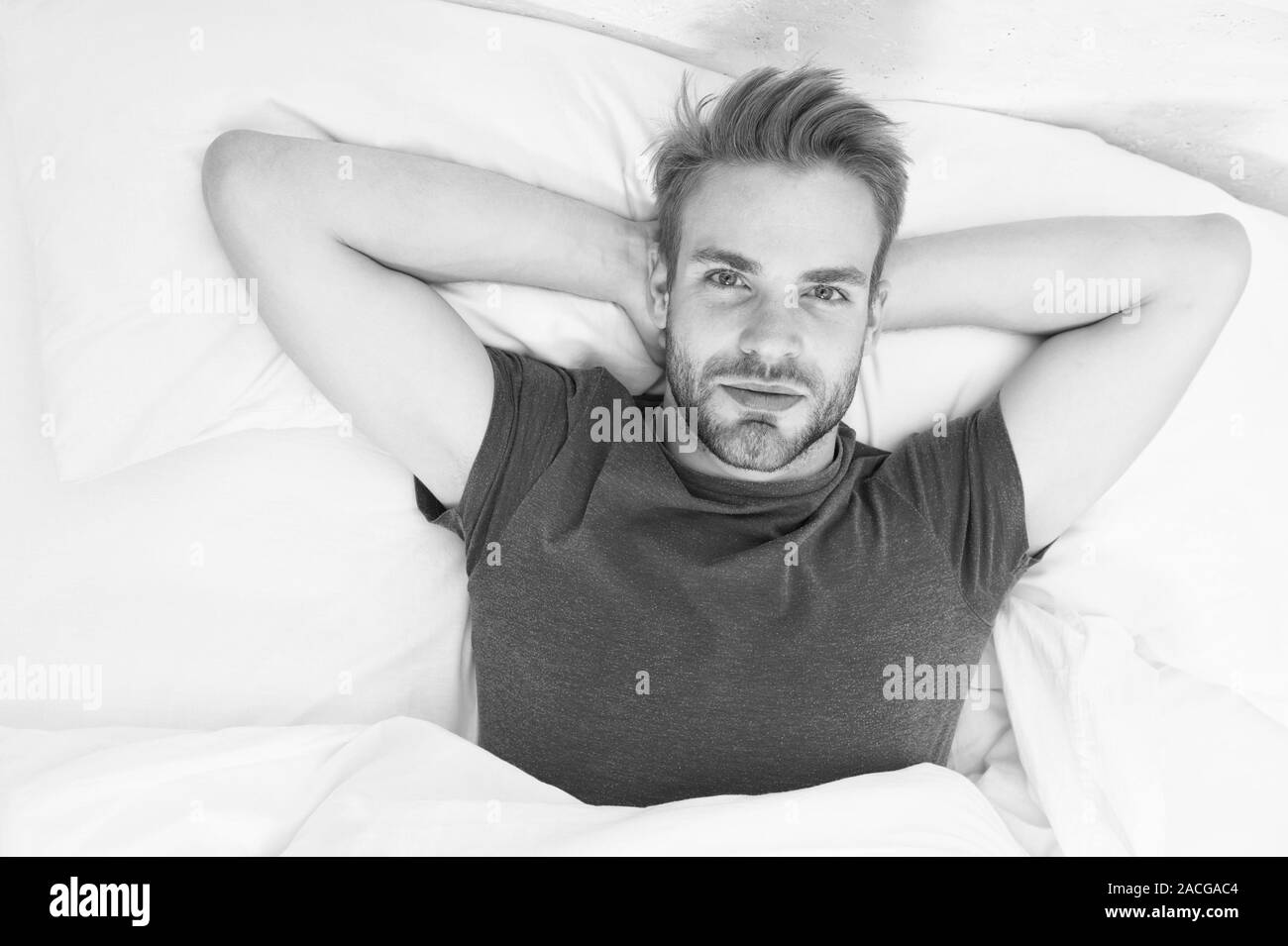 Bearded man face relaxing. Relaxing before fall asleep. Get enough ...