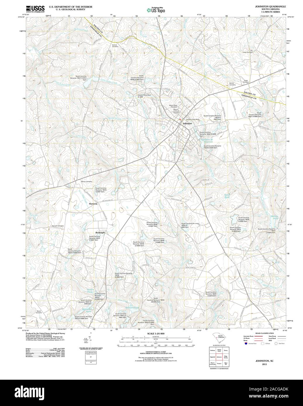 USGS TOPO Map South Carolina SC Johnston 20110826 TM Restoration Stock ...