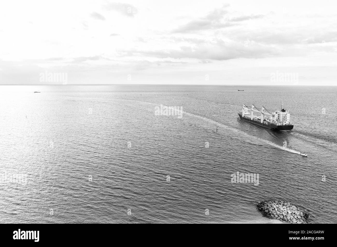 Barge with cranes for loading. Shipyard concept. Sailing to Miami ...