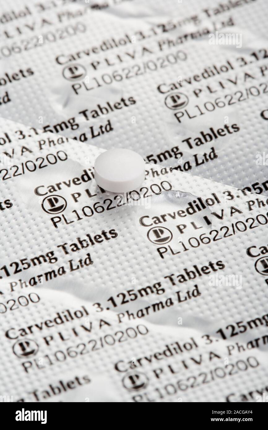 Carvedilol 3.125mg tablet on blister packs. Carvedilol is a beta ...