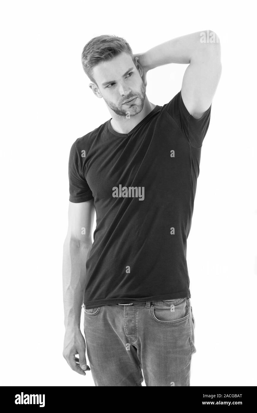 Sweating problem. Effective antiperspirant. Man confident in his ...