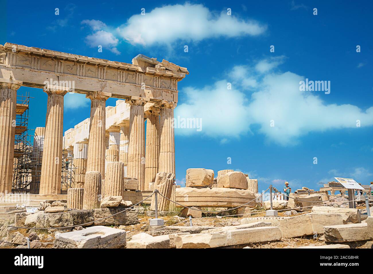 Ancient temple Parthenon in Acropolis Athens Greece on a bright blue ...