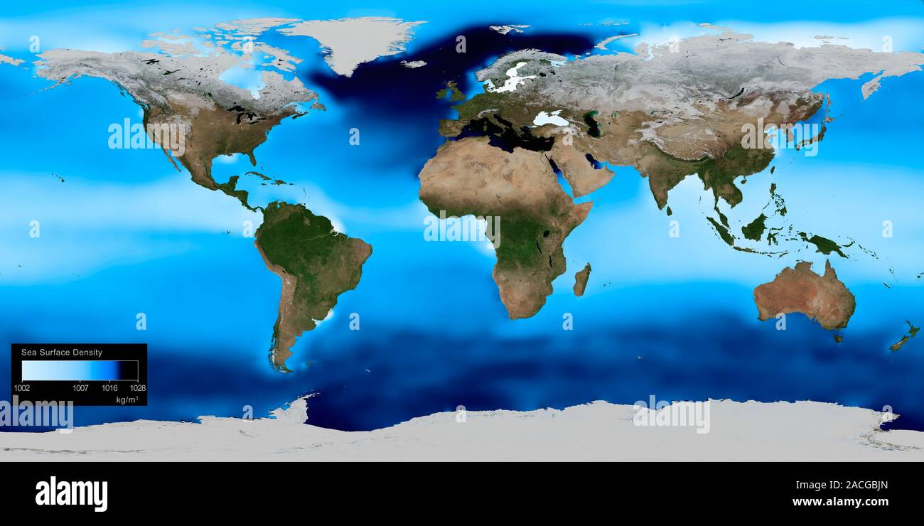 Sea surface density, 2005 global map. The density of the surface water ...