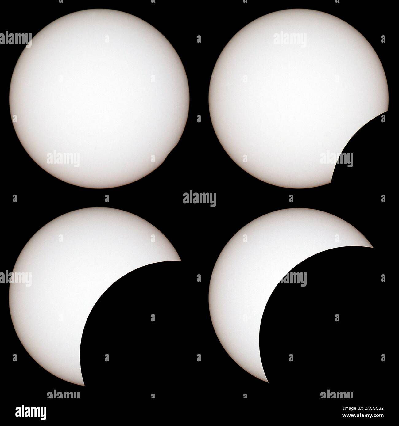 Solar eclipse. Montage image of the sun (white) during a solar eclipse ...