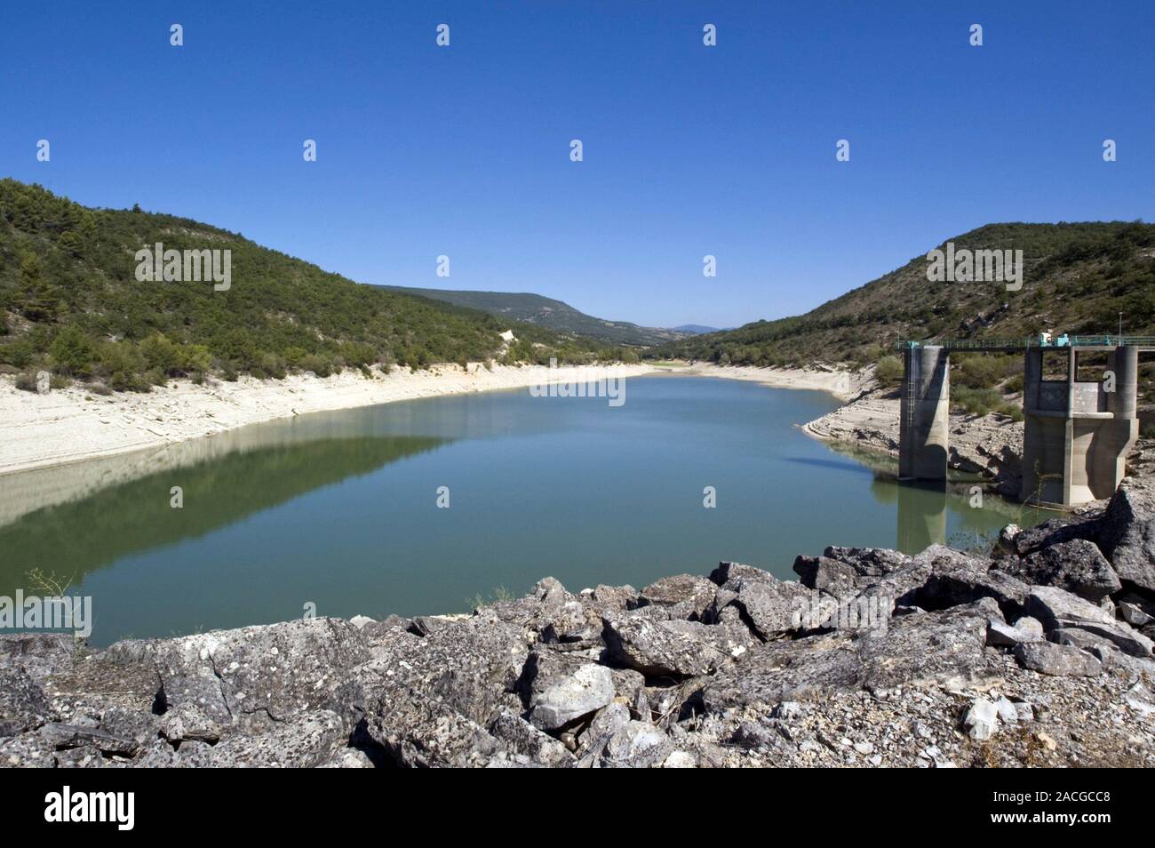 Reservoir. This lake is a reservoir created by building a dam in a ...