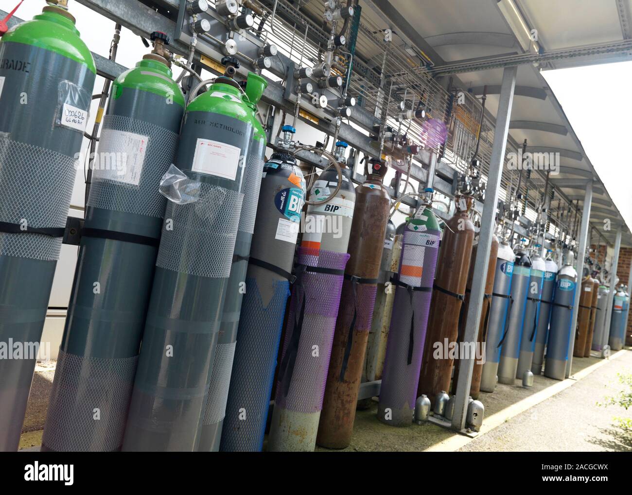 Gas cylinder storage. Photographed at the National Physical Laboratory ...