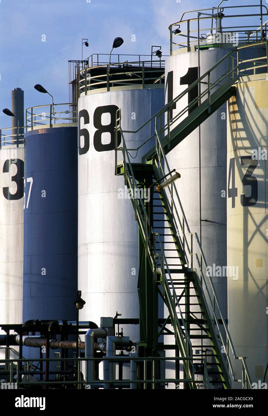 Oil refinery. Storage tanks containing petroleum products at a ...