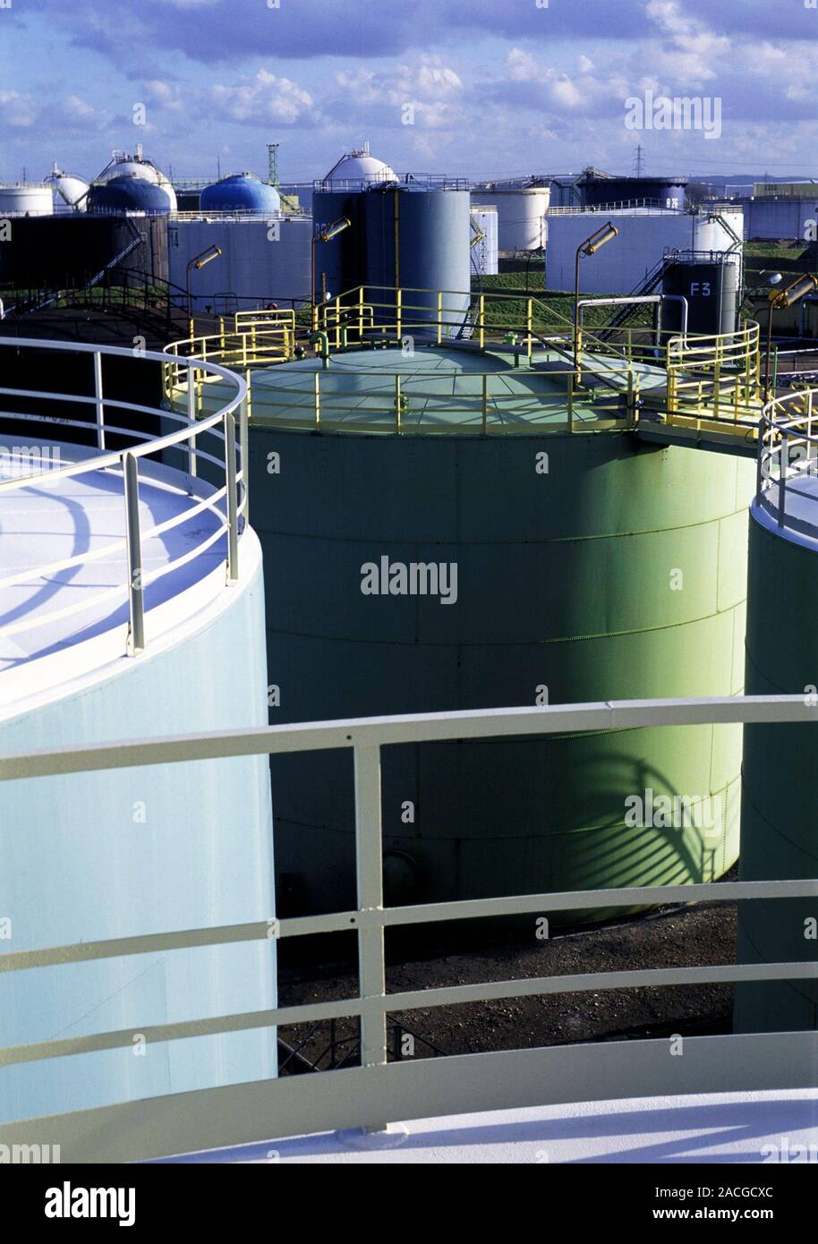 Oil refinery. Storage tanks containing petroleum products at a ...