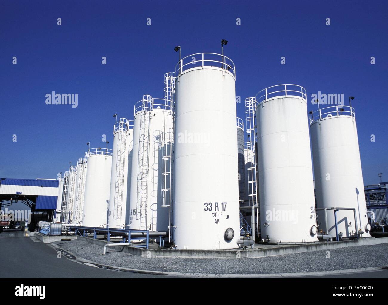 Oil refinery. Storage tanks containing petroleum products at a ...