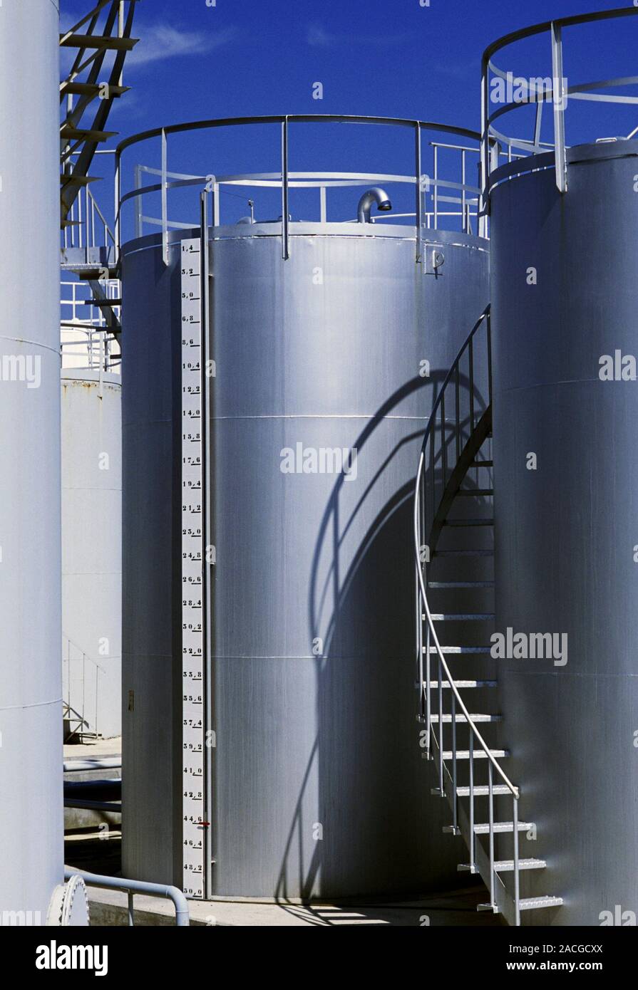 Oil refinery. Storage tanks containing petroleum products at a ...