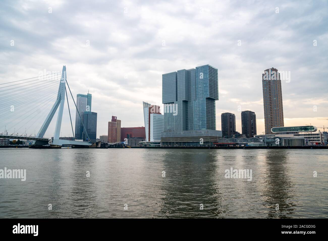 Rotterdam Skyline with Erasmusbrug bridge in the morning, Netherlands ...