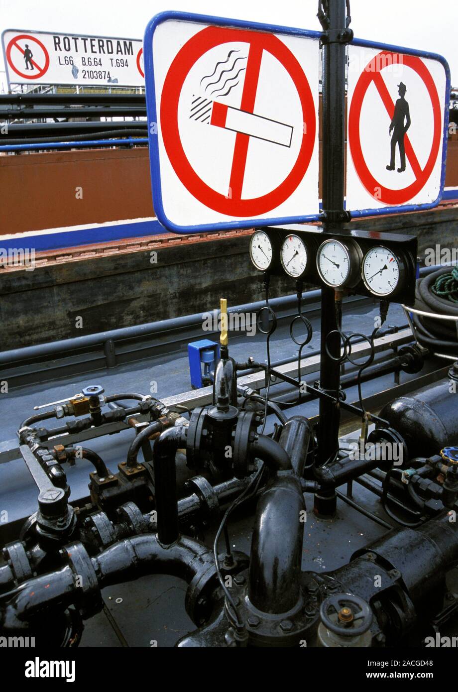 Safety signs in petroleum transport. Security signs at a loading ...