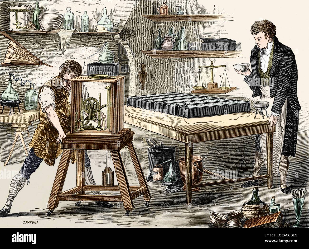 Coloured 19c engraving of Humphry Davy using electrolysis to isolate ...