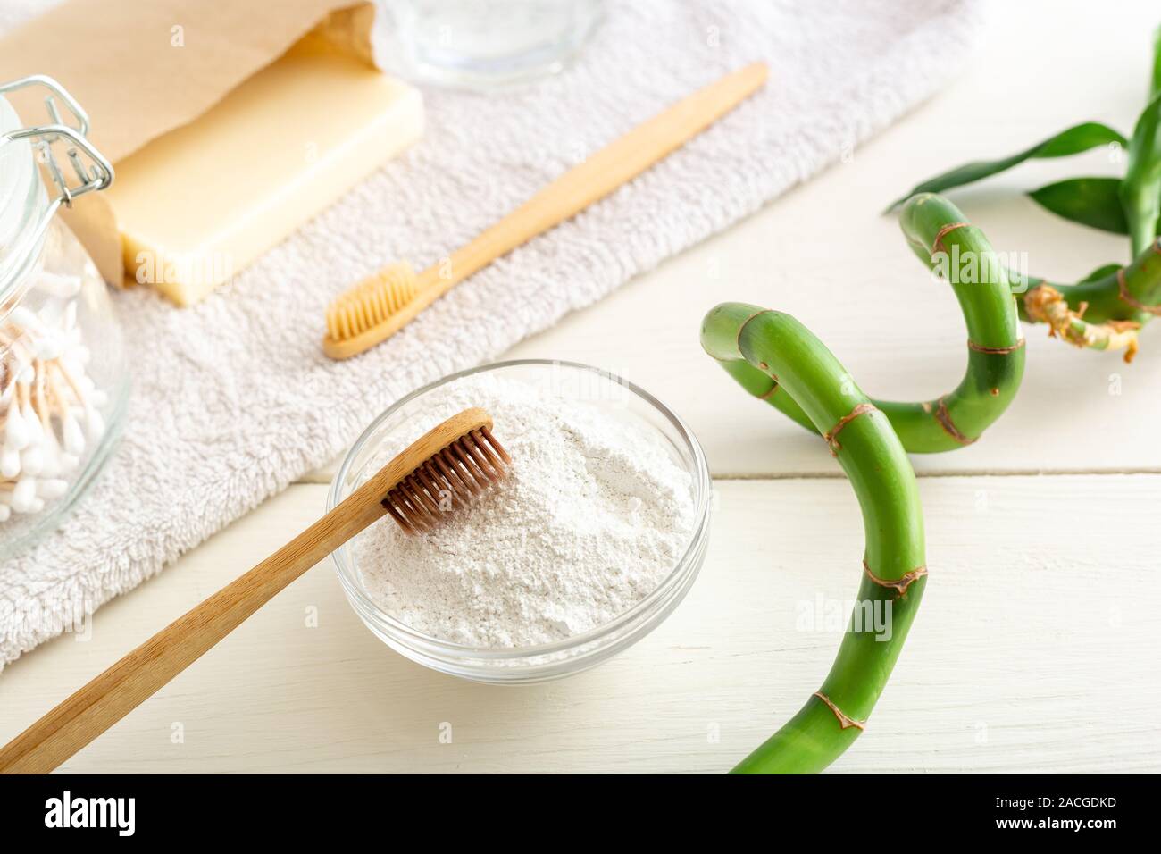 Bamboo toothbrushes, dentifrice tooth powder on white background ...