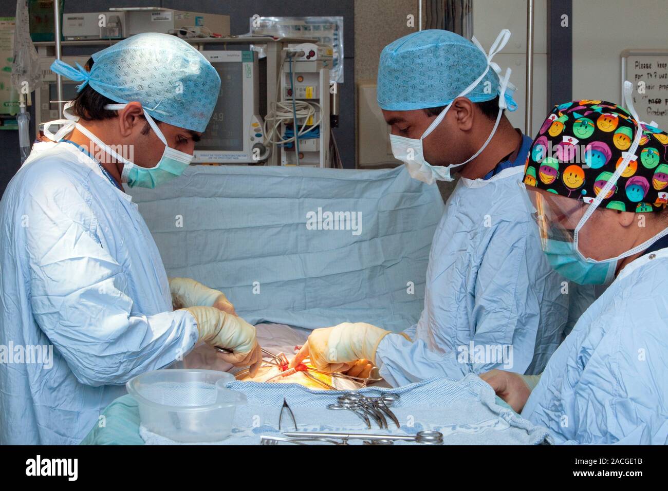 Hernia operation. Surgeons performing surgery to repair an epigastric ...
