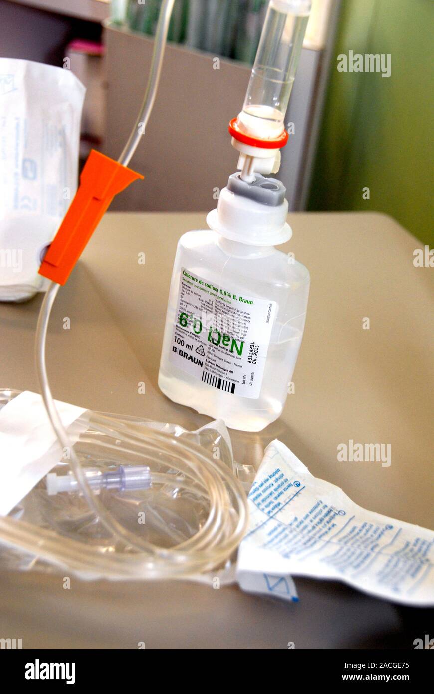 Saline intravenous drip. Equipment used to administer a saline (salt ...