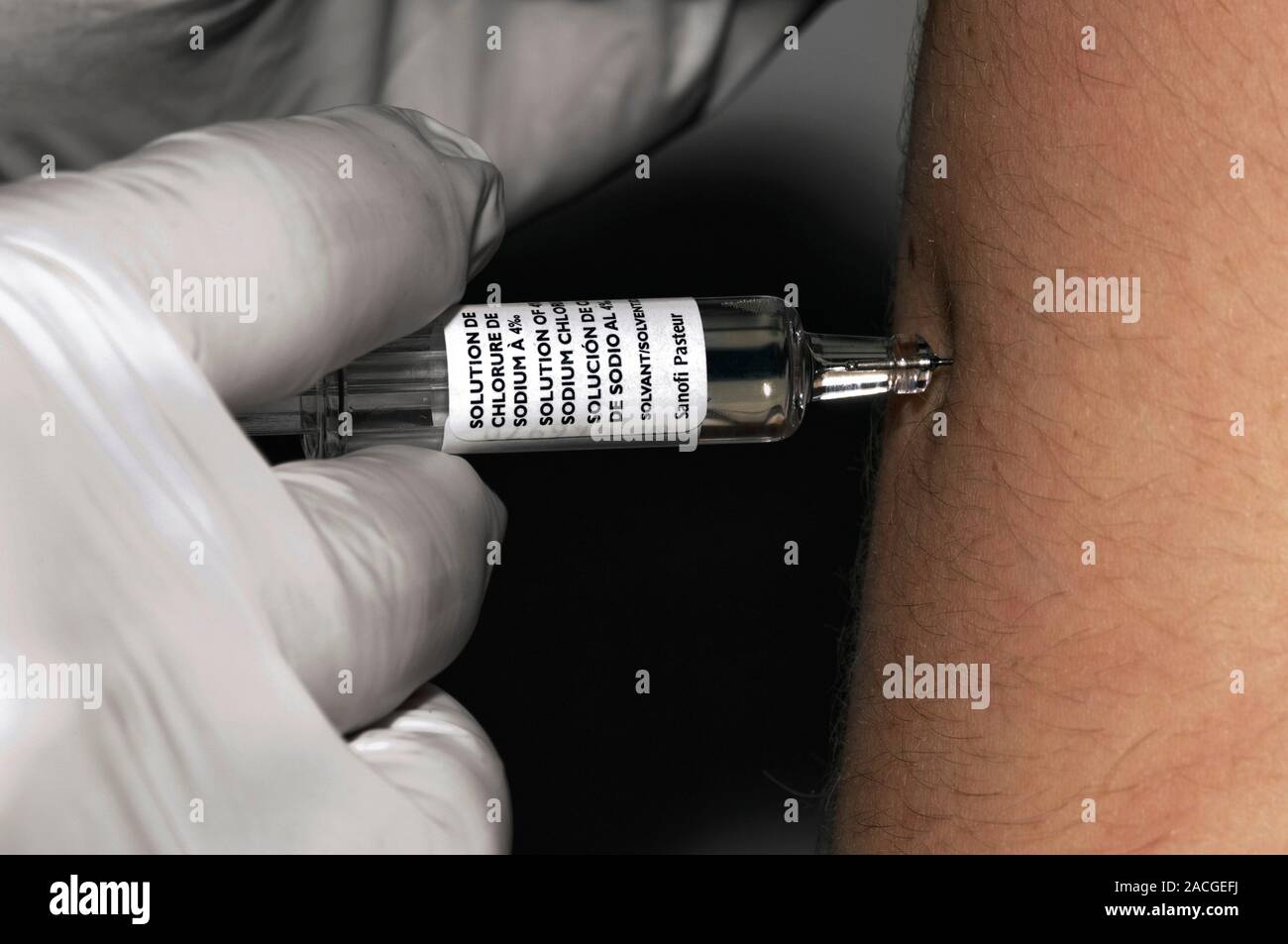Gloved hand holding a syringe administers Verorab vaccine to inoculate ...
