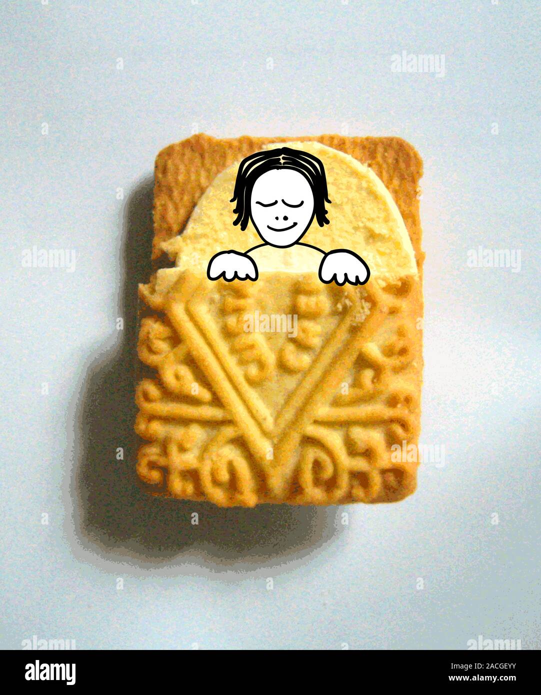 Comfort eating, conceptual image. Computer artwork of a person in a bed ...
