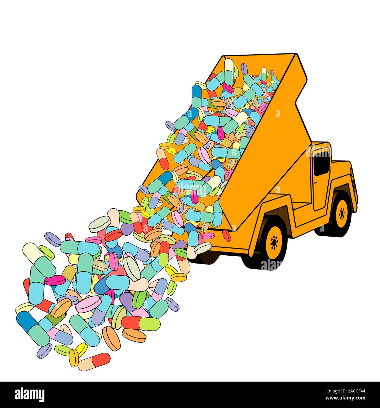 Pharmaceutical overload, conceptual image. Computer artwork of a truck ...