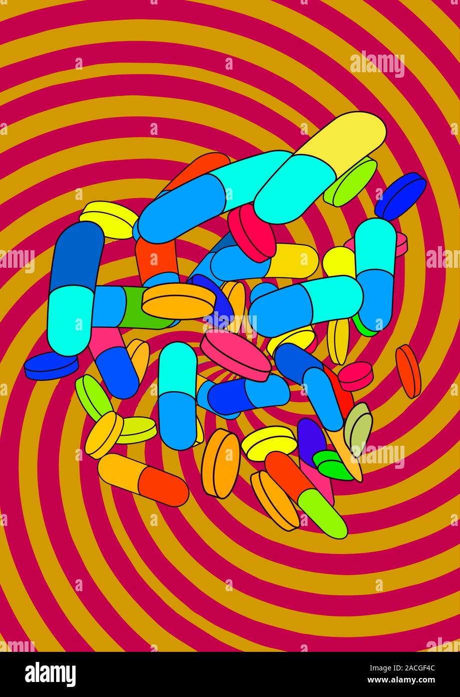 Hallucinogenic drugs, conceptual image. Computer artwork of a selection ...