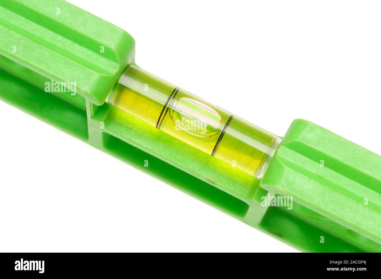 Spirit level. Close-up of the bubble viewing area in a spirit level ...