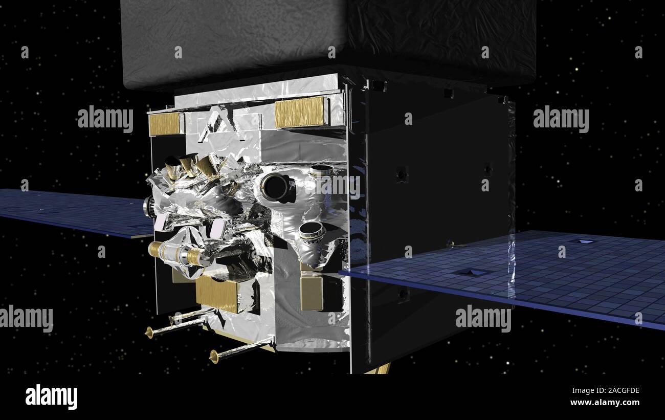 Fermi Gamma-ray Space Telescope in orbit. Computer artwork focusing on ...