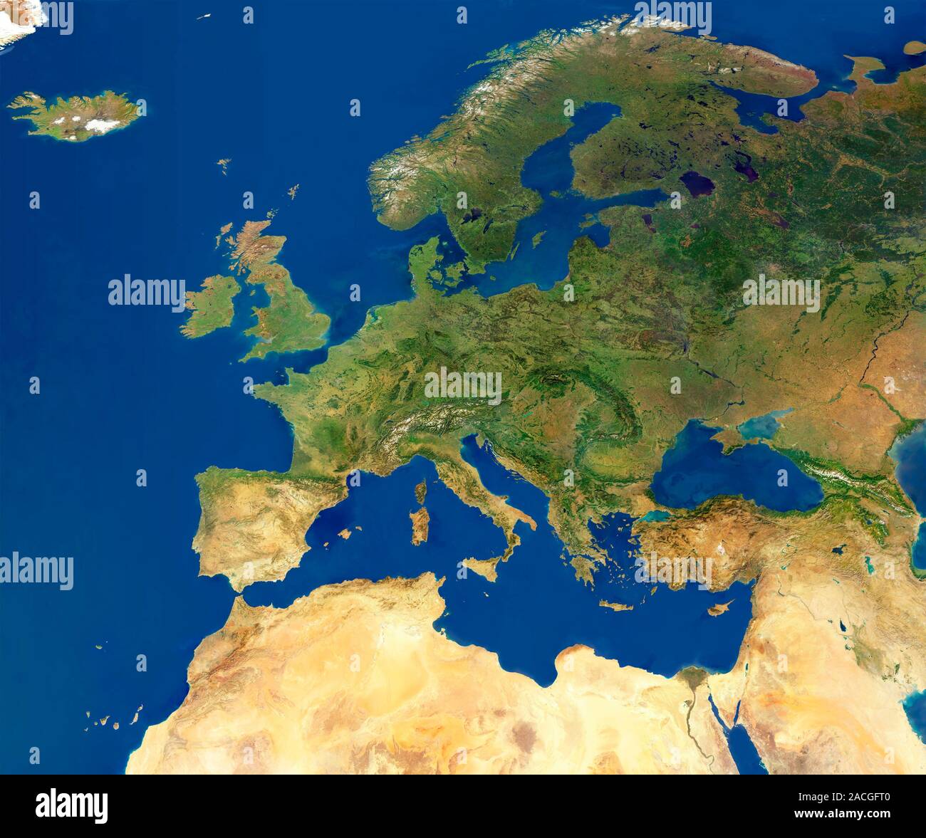 Europe, satellite image. North is at top. This mosaic of cloud-free ...