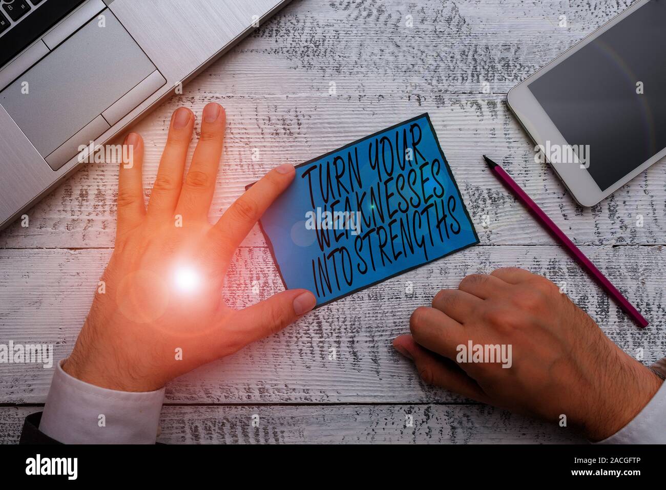 Conceptual hand writing showing Turn Your Weaknesses Into Strengths ...