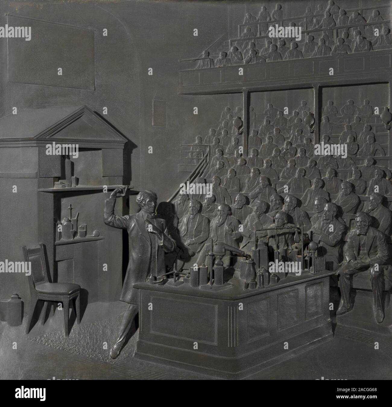 Metal plaque depicting Faraday giving a lecture at the Royal ...