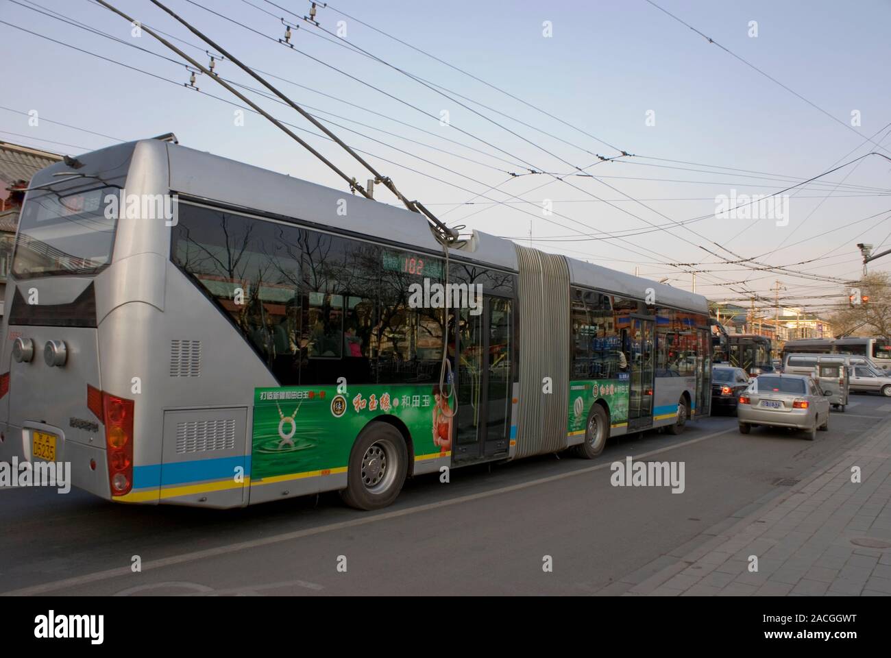 A trolleybus in Beijing, China. The articulated ('bendy') bus collects ...