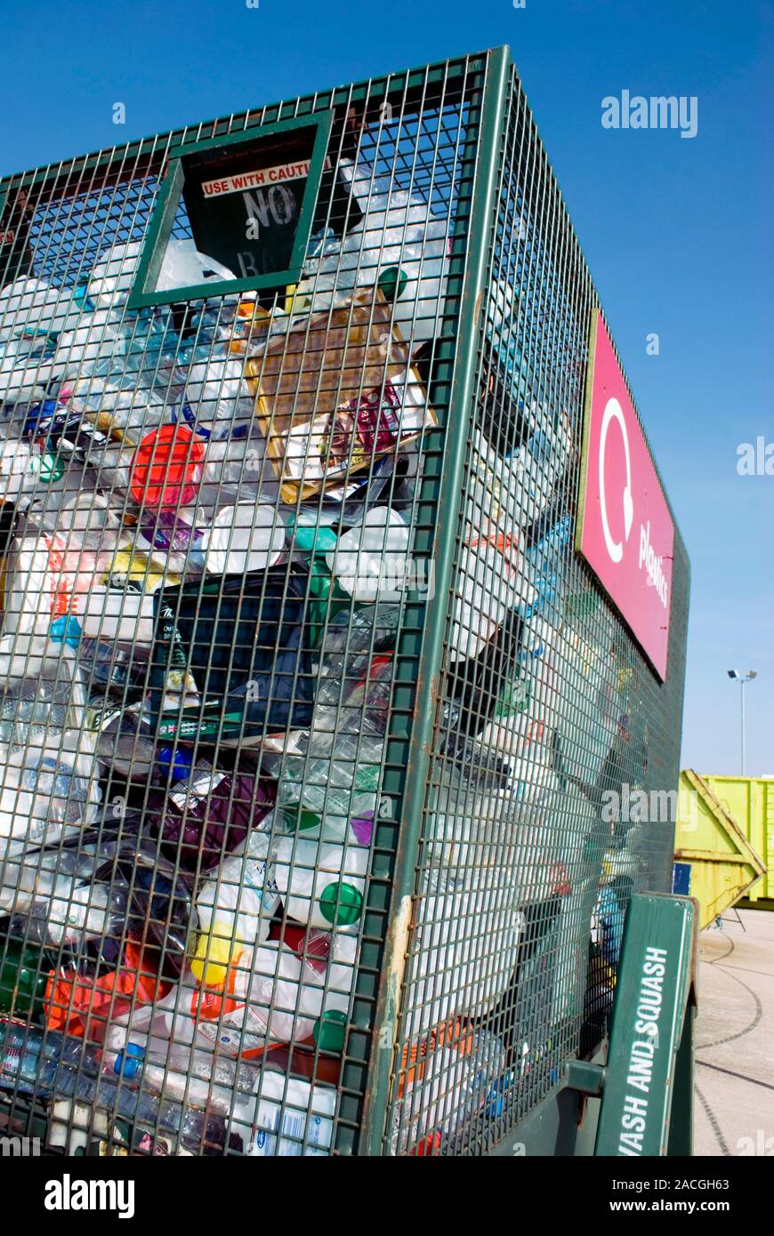 Recycling centre. Plastics recycling cage at the Flusco Household Waste ...
